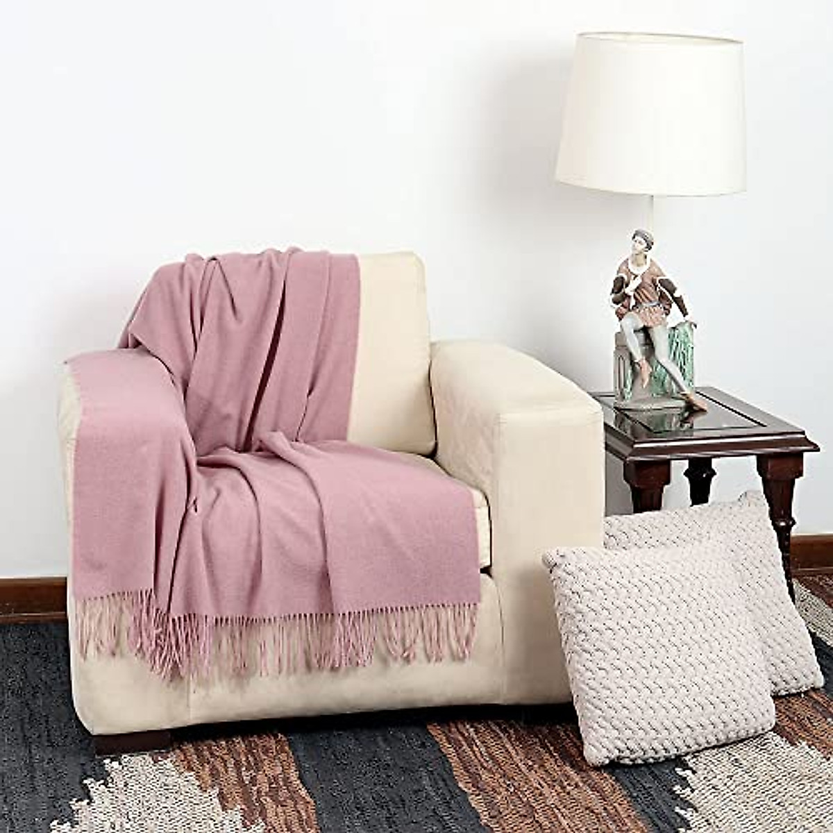 Arequipa Pride - Alpaca Wool Throw Blanket Woven Soft Warm Solid Color Design Peru 64" x 53" (Rose)