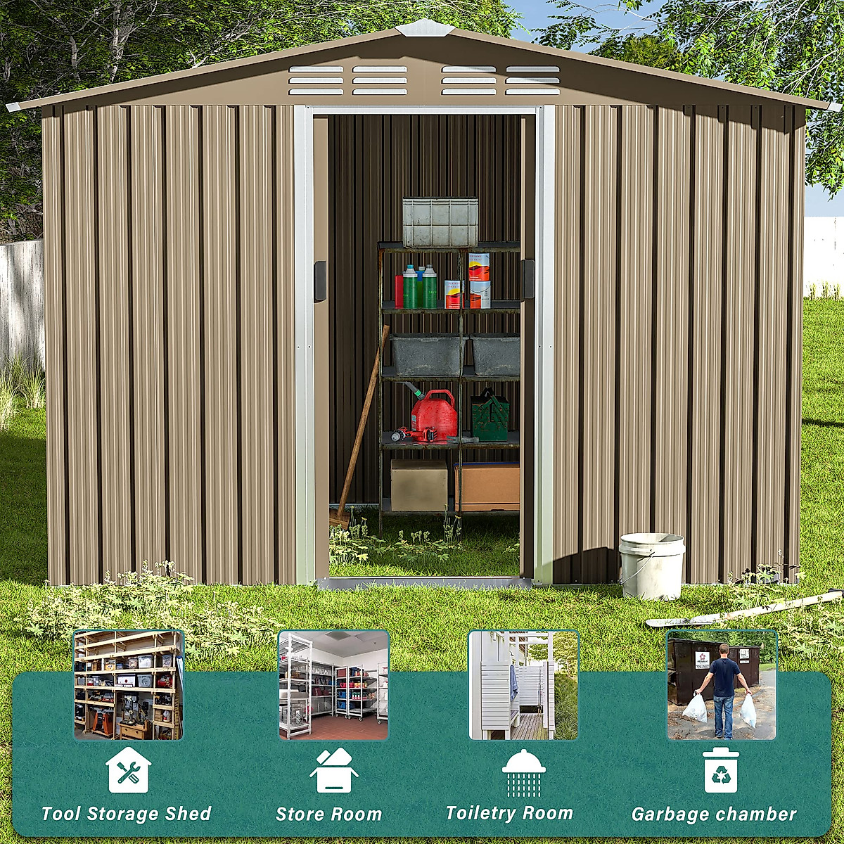 Gotland 8FT x 6FT Metal Storage Shed with Lockable Sliding Doors and Air Vents, Outdoor Utility and Tool Storage for Garden, Backyard, Patio, and Lawn