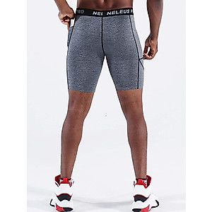 NELEUS Men's Compression Shorts with Pockets Workout Running Tights,3 Pack,6082,Black/Grey/Navy Blue,L