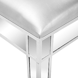 VINGLI Mirrored Vanity Stool with Storage, Faux Leather Ottoman, Makeup Dressing Table Bench, Silver