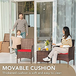 Devoko Patio Porch Furniture Sets 3 Pieces PE Rattan Wicker Chairs with Table Outdoor Garden Furniture Sets (Brown/Red)