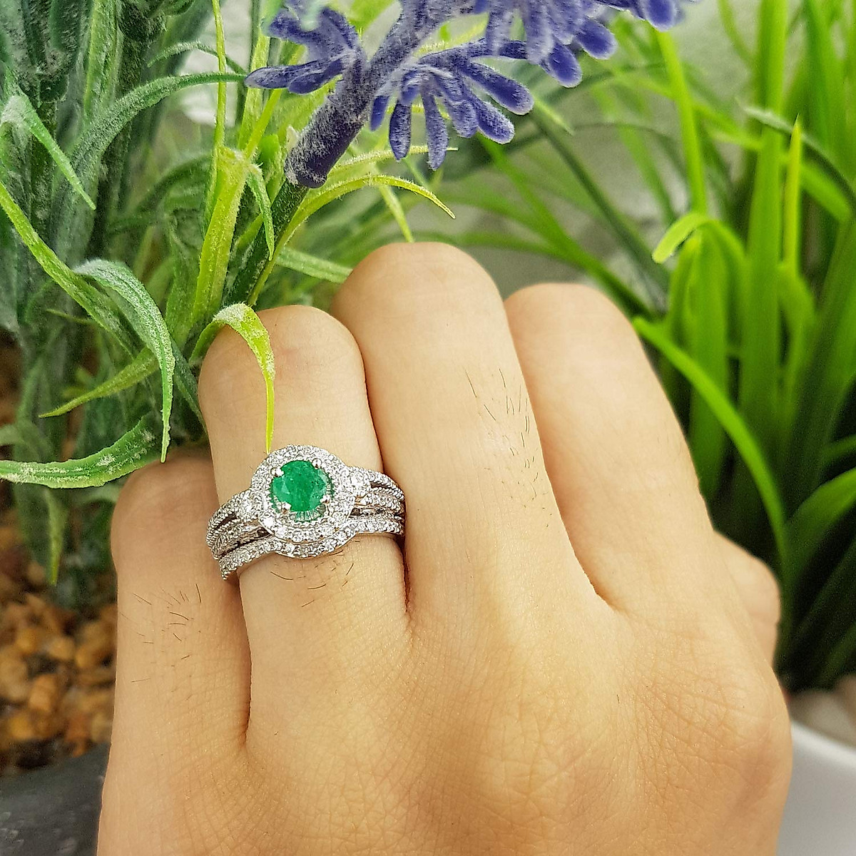 Dazzlingrock Collection 14k Round Emerald & White Diamond Women Halo Bridal Engagement Ring Set, White Gold, Size 5.5