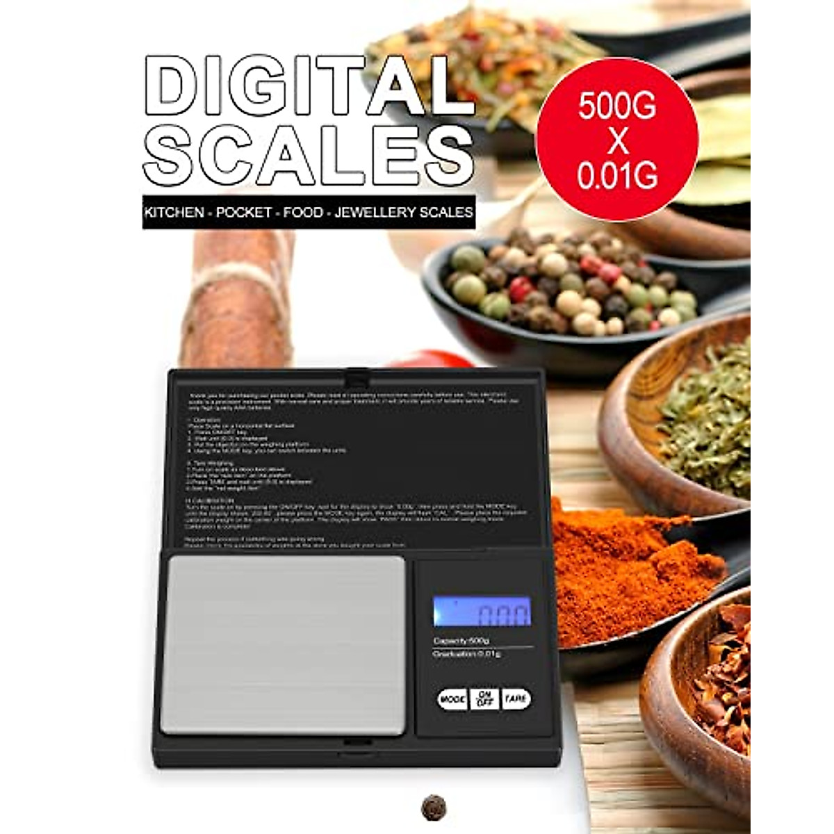 500x0.01g Digital Scales, VIAFOIA Portable High Precision Scales with Back-lit LCD Display, Mini Pocket Kitchen Weighing Scale for Jewellery Gold Food Coffee Herb Coin (Battery Included)