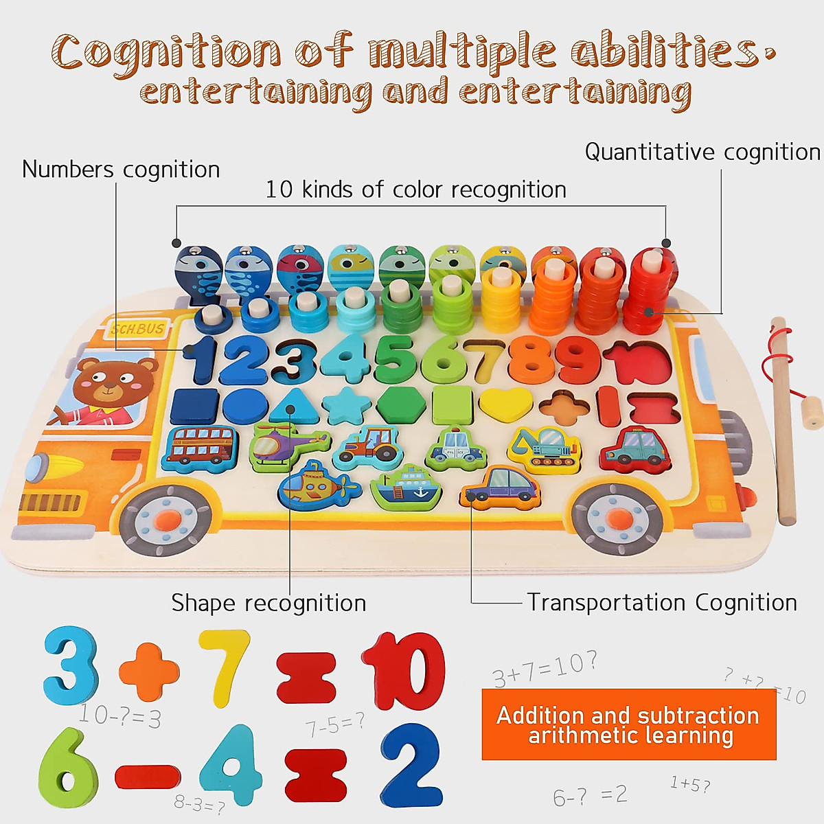 Busy School Bus Learning Montessori Toys for Preschool Toddlers, Puzzles, Math Games, Numbers, Shapes Classifiers, Counting, Stacking and Fishing, Activity Gifts for Boys and Girls of 3 to 5 Years