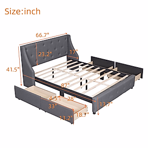 BIADNBZ Queen Size Upholstered Platform Bed with Linen Fabric, 4 Storage Drawers and Wingback Tufted Headboard, No Box Spring Need, Gray