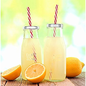 Estilo Glass Milk Bottle with Lid - Milk Glass - Reusable Glass Bottle for Dairy Milk With Straws & Metal Screw On Lids, 10.5 Ounce, Clear, Set of 6