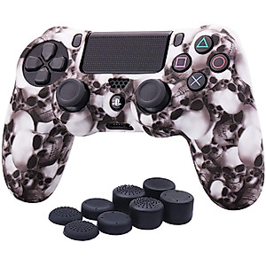 YoRHa Water Transfer Printing Skull Silicone Cover Skin Case for Sony PS4/slim/Pro Dualshock 4 Controller x 1(White) with Pro Thumb Grips x 8