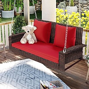 Eafurn 2-Person Wicker Hanging Porch Swing, Outdoor Patio Rattan Bench Loveseat Chair with Sturdy Steel Chain/Back and Seat Cushion and Pillows, Suitable for Deck, Backyard, Garden, Brown+Red