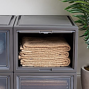 IRIS USA 42 Qt. Stackable Storage System for Clothes, Large, 4 Pack, Plastic Dresser Chest with Flip-Up Door, Great for Closet, Home, Office, Bedroom and Nursery, Dark Gray