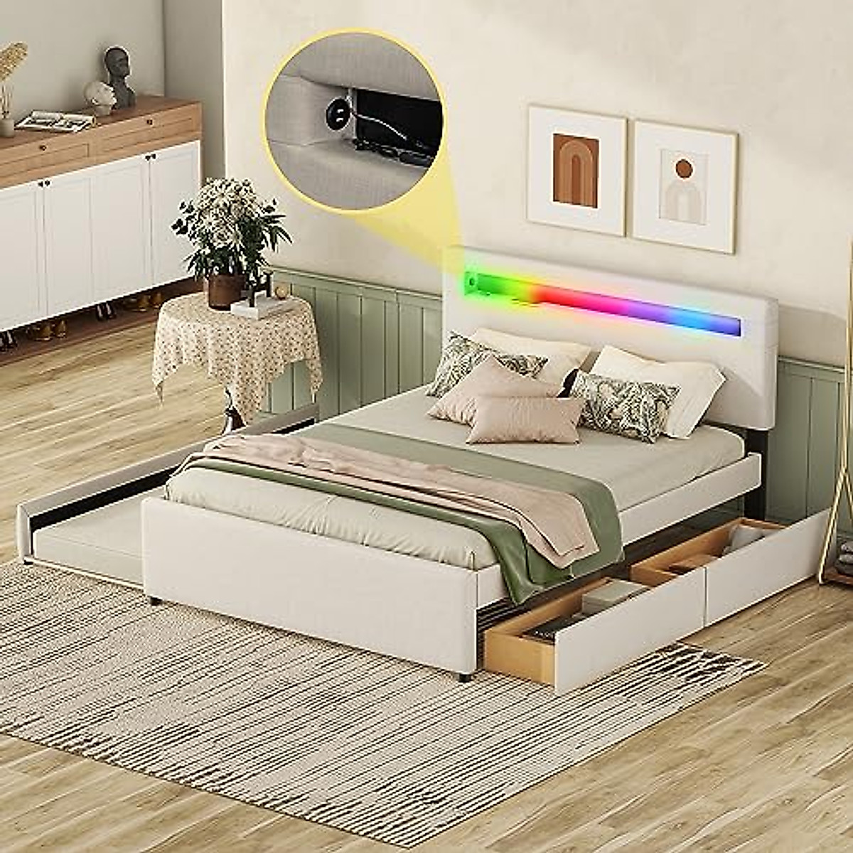 FEELHOME Queen Size Upholstered Platform Bed with 2 Storage Drawers and Twin Trundle, LED Lights and USB Charging, Linen Queen Bed Frame with Headboard and Wood Slat Support,Beige