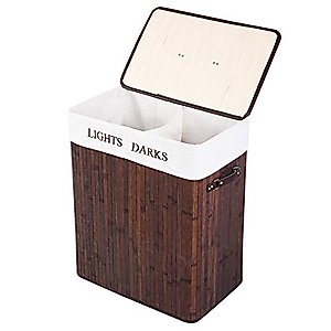 Giantex Double Laundry Hamper Bamboo Foldable Rectangle Hamper with Lid,Cloth Liner and String Handles Storage Bag Laundry Basket(Brown)