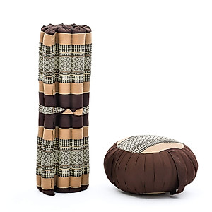 Leewadee Meditation Cushion Set – 1 Round Zafu Yoga Pillow and 1 Square Roll-Up Zabuton Mat Filled with Eco-Friendly Kapok, Brown