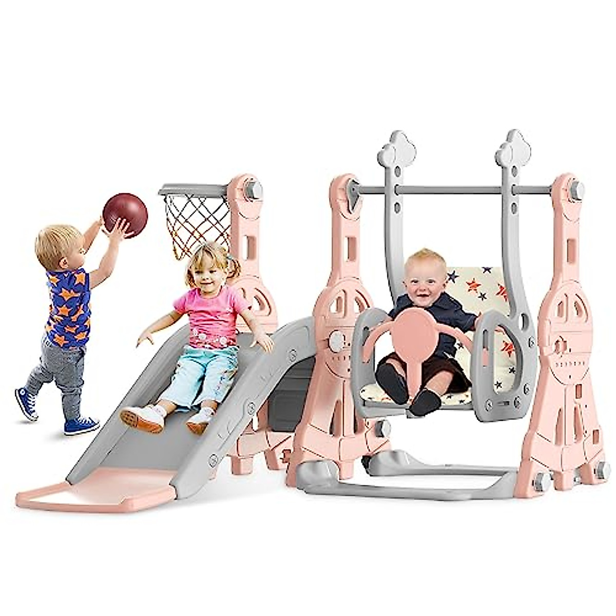 BIERUM 4 in 1 Toddler Slide and Swing Set, Kid Slide for Toddlers Age 1-3, Baby Slide with Basketball Hoop, Indoor Outdoor Slide Toddler Playset Toddler Playground Pink