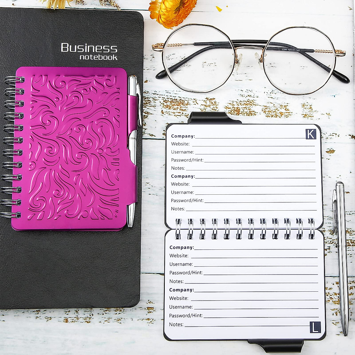 2 Pieces Portable Password Book Password Organizer Notebook Elegant Mandala Pattern Password Book Keeper with Pen, Spiral Bound Notebook for Password Information (Black, Purple)