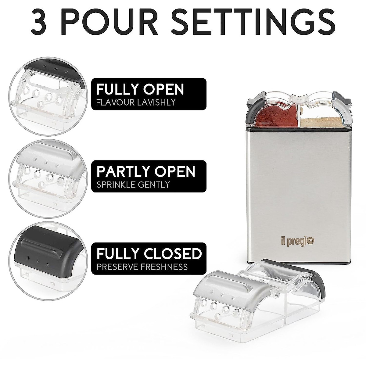 Salt & Pepper Shaker - Double Spice Stainless Steel Seasoning Jar Shaker - 2 in 1 Salt and Pepper Dispenser with Adjustable Pour Holes | 2.3oz Per Side