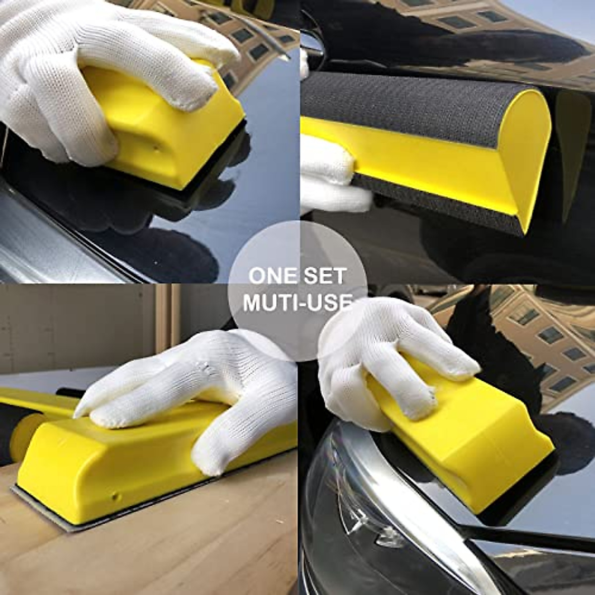 VOLSIVE 7pcs Hand Sanding Block Set, Rectangle Handheld Sanding Pad, Hook and Loop Interchangeable Assorted Shapes, for Sanding or Polishing in Auto Body and Paint Shops - Yellow