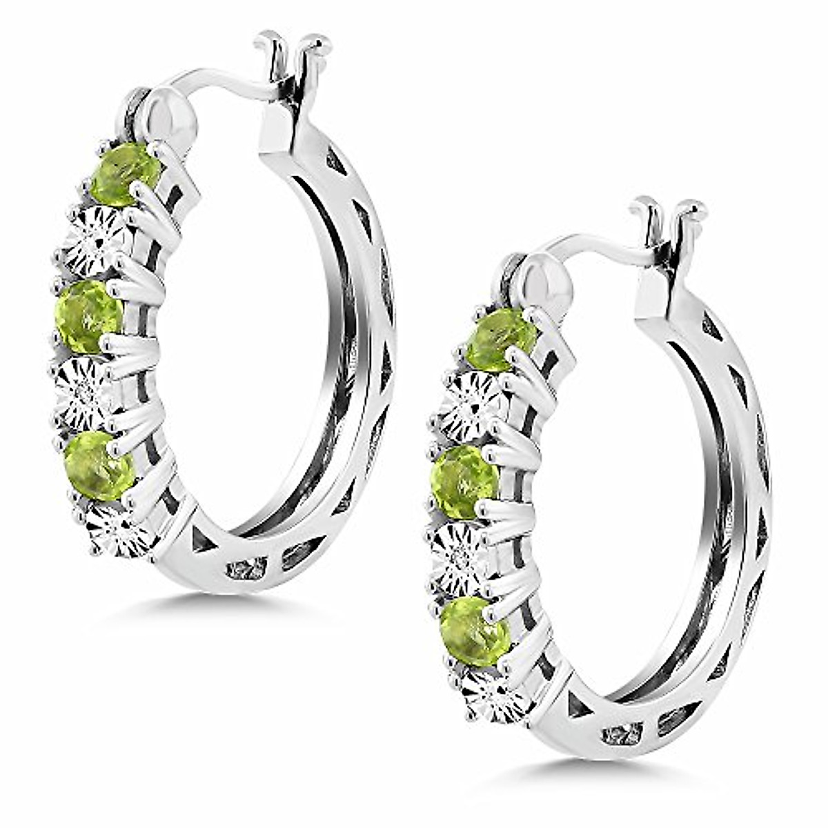 Gem Stone King 925 Sterling Silver Green Peridot and White Diamond Accent Hoop Earrings For Women (0.83 Cttw, Gemstone Birthstone, 22MM = 0.85 Inches Diameter)