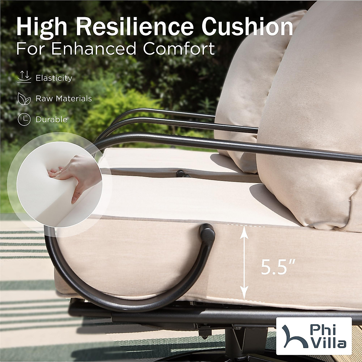 PHI VILLA Metal Patio Outdoor Furniture Sets,All-Weather Steel Frame Patio Conversation Sets for Backyard, Porch and Garden（Beige, 6 pcs w/Table）