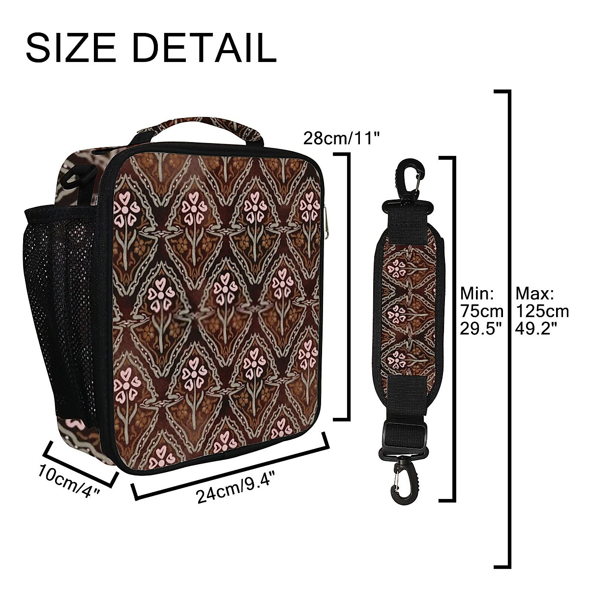Hapuxt Lunch Box Lunch Bag with Adjustable Shoulder Strap Tote for Women Men Boho Flowers Brown Insulated Waterproof Resable Zipper Outdoor Work Office Picnic