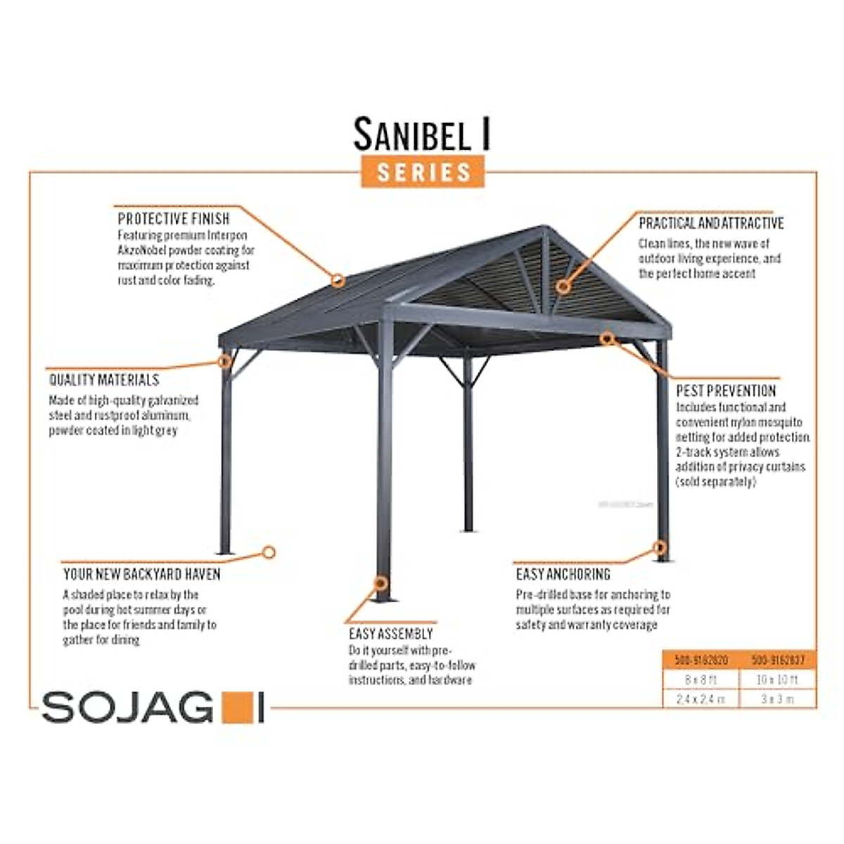 Sojag 8' x 8' Sanibel I Hardtop Gazebo Outdoor Weather-Resistant Aluminum Frame Sun Shelter Light Grey