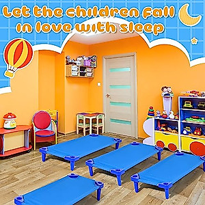 Geetery 4PCS Stackable Daycare Cot for Kid 54" L x 23" W Portable Toddler Nap Cot for Sleeping Preschool Classroom Daycare Bed Furniture, Ready to Assemble for Sleep, Back to School (Blue)