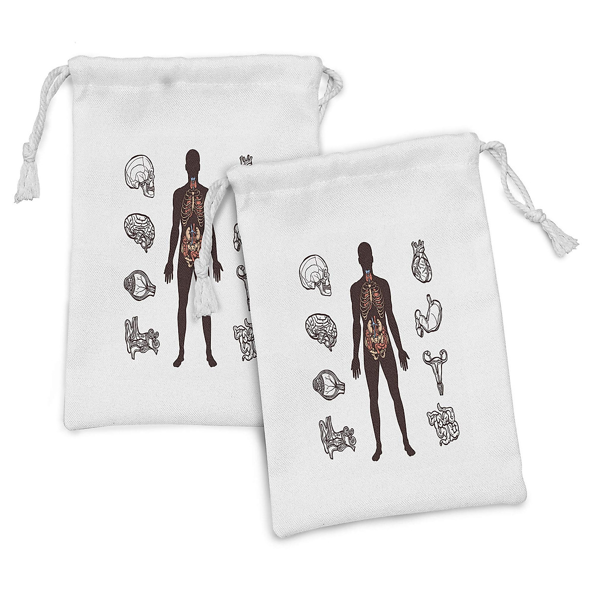Ambesonne Anatomy Fabric Pouch Set of 2, Human Body with Internal Organs Sketch Health Biology Man Physiology, Small Drawstring Bag for Toiletries Masks and Favors, 9" x 6", Dark Brown White