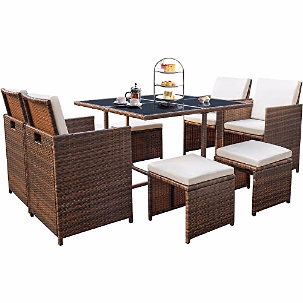 Devoko 9 Pieces Patio Dining Sets Outdoor Space Saving Rattan Chairs with Glass Table Patio Furniture Sets Cushioned Seating and Back Sectional Conversation Set (Beige)