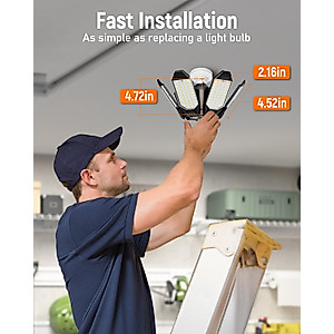 Adiding LED Garage Ceiling Light, 4 Pack 40000 Lm Bright Screw into E26 E27 Socket LED Basement Light with 6 Deformable Panels LED Shop Light 6500K for Pole Barn Workshop Attic Porch Storage Room