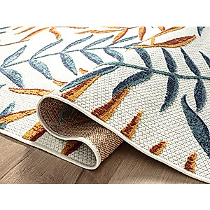 Abani Modern Cream, Red & Blue 5'3" x 7'6" (5x8) Leaf Print Area Rug Rugs - Non-Shedding Indoor/Outdoor Nature Design Bedroom Rug