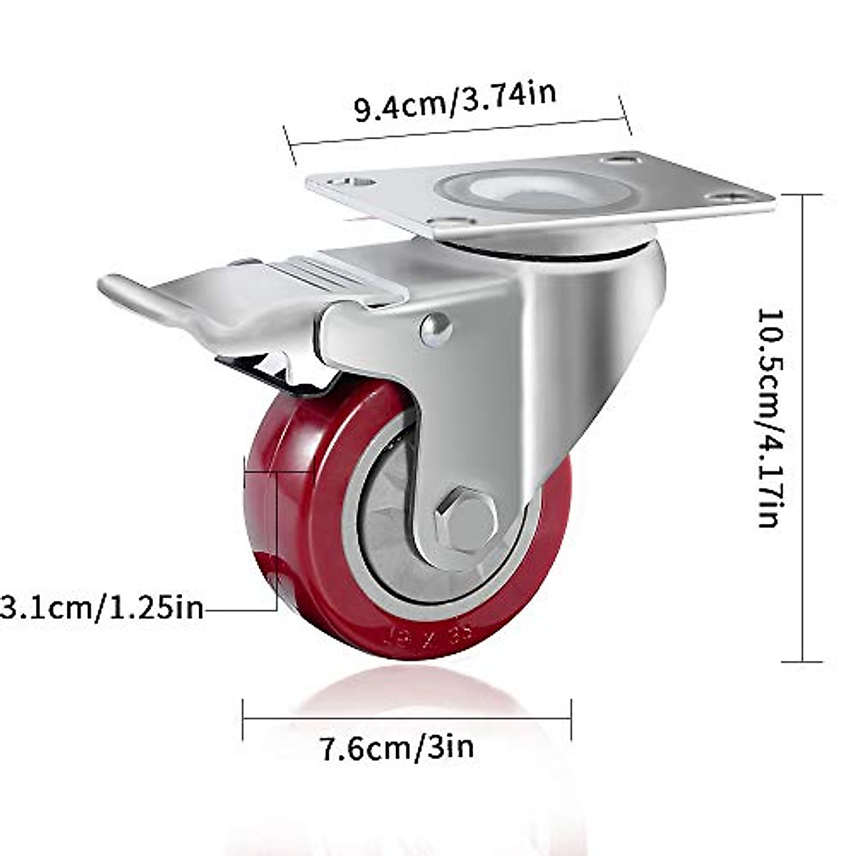 D&L 3 Inch Plate Swivel Casters Wheels 1400lbs Heavy Duty Casters with Brake Polyurethane Dual Locking Casters Set of 4 Red DL-I3-001R