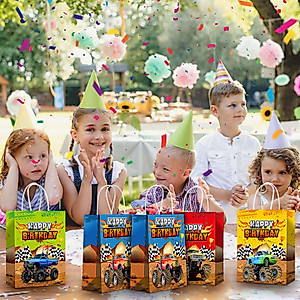 Pajean 28 Pcs Monsters Truck Party Favor Bags Themed Paper Gift Bags Racing Trucks Goody Treat Candy Bags for Monsters Truck Themed Birthday Party Supplies(16 Pcs, Simple)