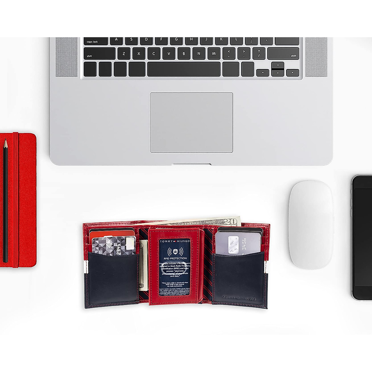 Tommy Hilfiger Big Skinny Wallet - Leather Wallets for Men Slim Thin Trifold with RFID Blocking Security and ID Window, Red/White/Blue, One Size