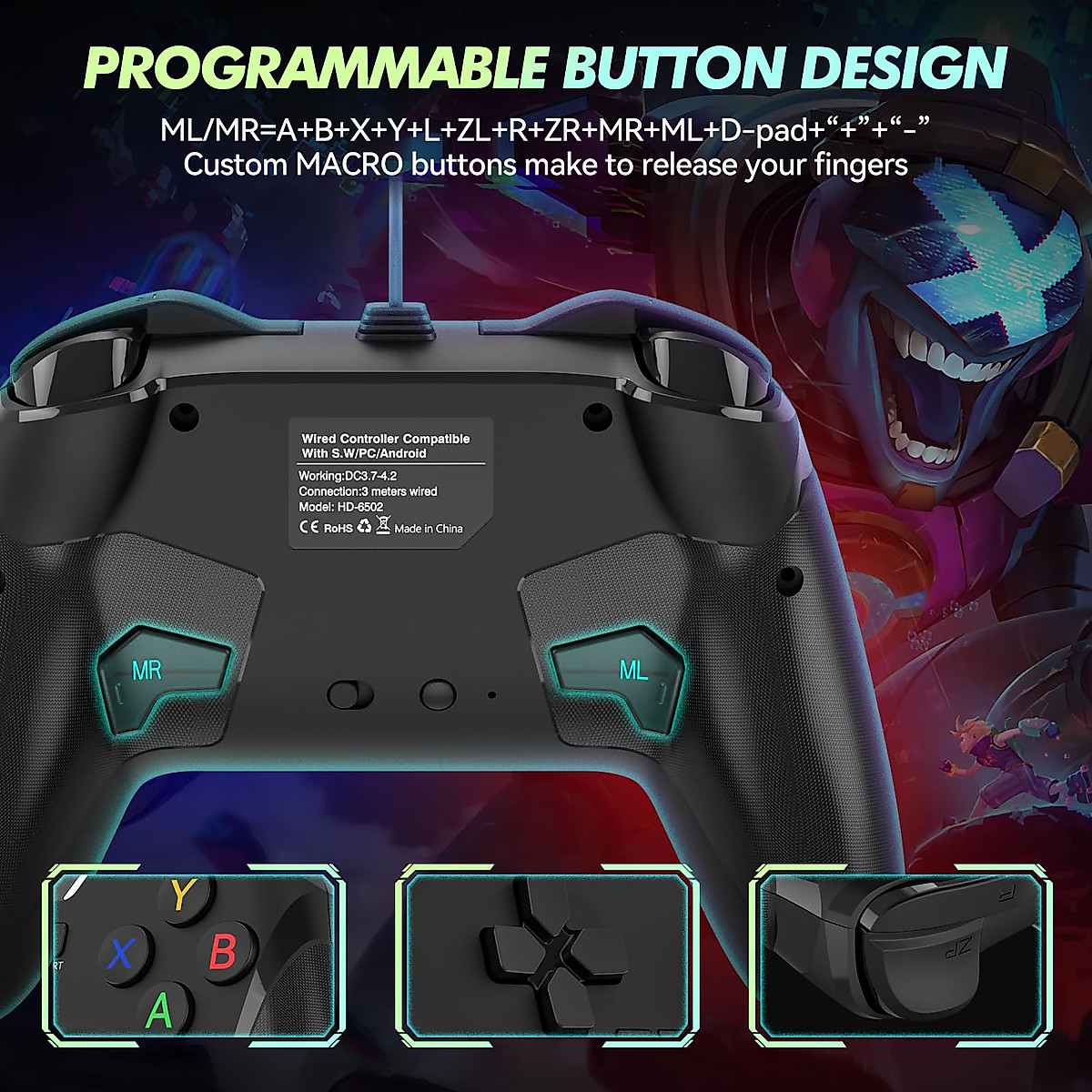 PC Controller, Wired Controller Compatible with Steam/Android/Switch/Tesla, Switch Pro Gaming Controller Gamepad Joystick with Dual-Vibration, Turbo,Macros and Screenshoot, No Battery Required(Wired Controller)