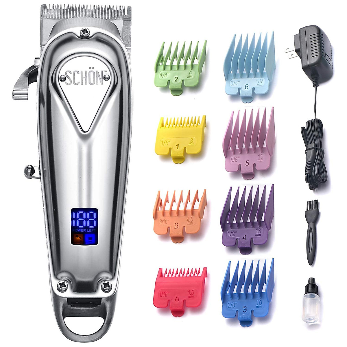 SCHON Cordless Rechargeable Hair Clipper and Trimmer for Men, Women, Children - Solid Stainless Steel Electric Buzzer with Precision Blades, Hair Cutting Kit with 8 Color-Coded Guide Combs
