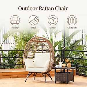 Yaheetech Egg Rattan Chair, Indoor/Outdoor PE Rattan Egg Basket Lounge Chair w/ 4 Cushions, Oversized Egg-Shaped Chair w/Metal Frame Stand for Patio, Backyard, Living Room - Light Brown/Ivory