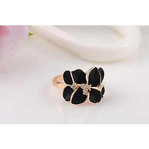 ACEFEEL Rose Gold Plated AAA Zircon Crystal Luxurious Black Enamel Flower Design Cocktail Ring Size 8