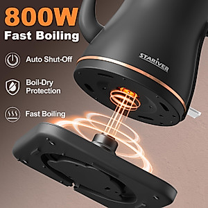 Stariver Gooseneck Electric Kettle, 0.8L Electric Tea Kettle Tea Pot, Pour Over Coffee Kettle with Stainless Steel Inner Lid & Bottom, Water Boiler with Auto Shut Off and Boil Dry Protection, Black