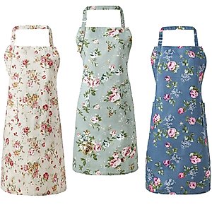 Geyoga 3 Pack Floral Aprons with Pocket for Women Adjustable Waist Kitchen Apron with Neck Strap Vintage Cute Aprons for Cooking Baking Gardening