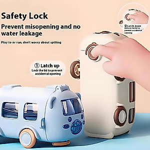 Portable Water Cup in Bus Shape with Strap, 16.9Oz Leak Proof Bus Shaped Water Cup Bottle, Portable Cute Bounce Flip Top Straw Drinking Bottle, Detachable Fun Cars Jug Toy for Camping (blue)