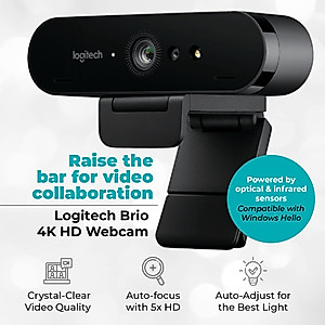 Logitech Brio 4K HD Webcam [Latest Version] with Microphone for Desktop with Tripod & Universal Mount -Logitech Webcam USB Computer Camera -Ultra Pro Wide Angle Webcam Streaming Equipment for Meetings