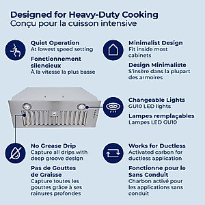Hauslane Insert 30 Inch, Hood Vent for Kitchen | Low Noise Performance, Diswasher - Baffle Filters, LED Lamps, Stainless Steel Ductless Range Hood, Kitchen Range Hood 11.25” Deep