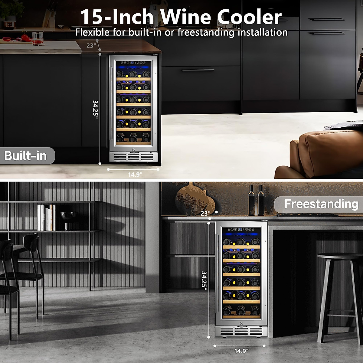 15 Inch Wine Cooler Refrigerator, 30 Bottle Wine Fridge with Removable Shelves, Wine Fridge Under Counter for Built-In or Freestanding, Wine Refrigerator with Double-Layer Glass Door, for Home, Office