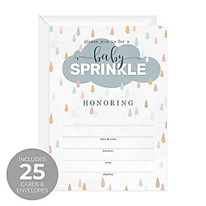 Canopy Street Raindrops Baby Sprinkle Invitations / 25 Fill In Baby Shower Cloud Invites / 5" x 7" Flat Modern Rainbow Baby Shower Party Invitation/Made In The USA