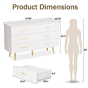 RESOM Dresser for Bedroom, 6 Drawer Double Dresser with Metal Handles, Modern Design, White and Gold Dresser for Closet Hallway,Bedroom (White)