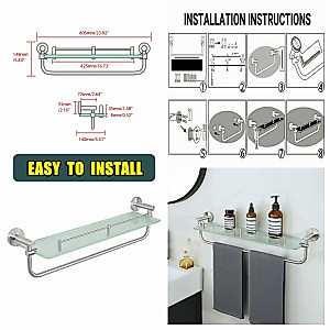 Alise Bathroom Shelves Glass Shelf with Bar,Wall Mount Floating Shelves for Bathroom,Tempered Glass Rack Holder Storage Organizer,GDL8600-LS SUS 304 Stainless Steel Brushed Nickel 24 Inch