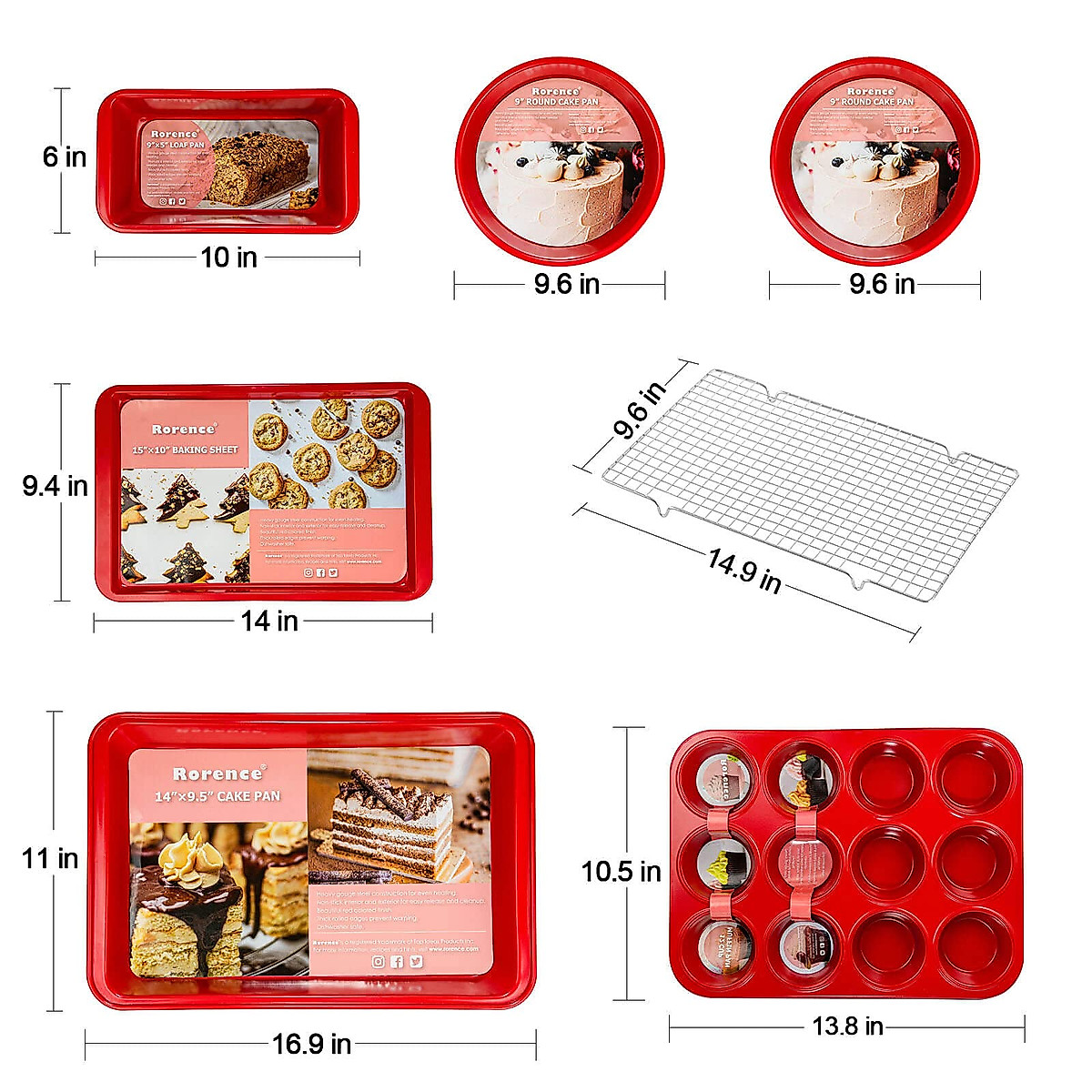 Rorence Nonstick Steel Bakeware Set: Cookie Sheet, Rectangular Cake Pan, 2 Round Cake Pans, Muffin Pan, Loaf Pan & Cooling Rack - Set of 7 - Red