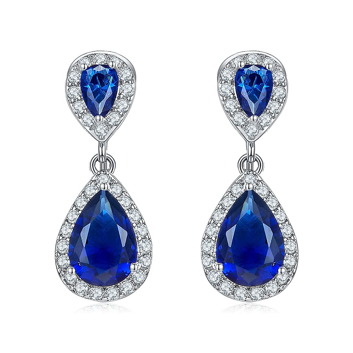 LAVINA Fancy Teardrop CZ Pierced Dangle Earring Classically And Elegant Hypoallergenic Earrings For Women Brides Wedding (Blue)