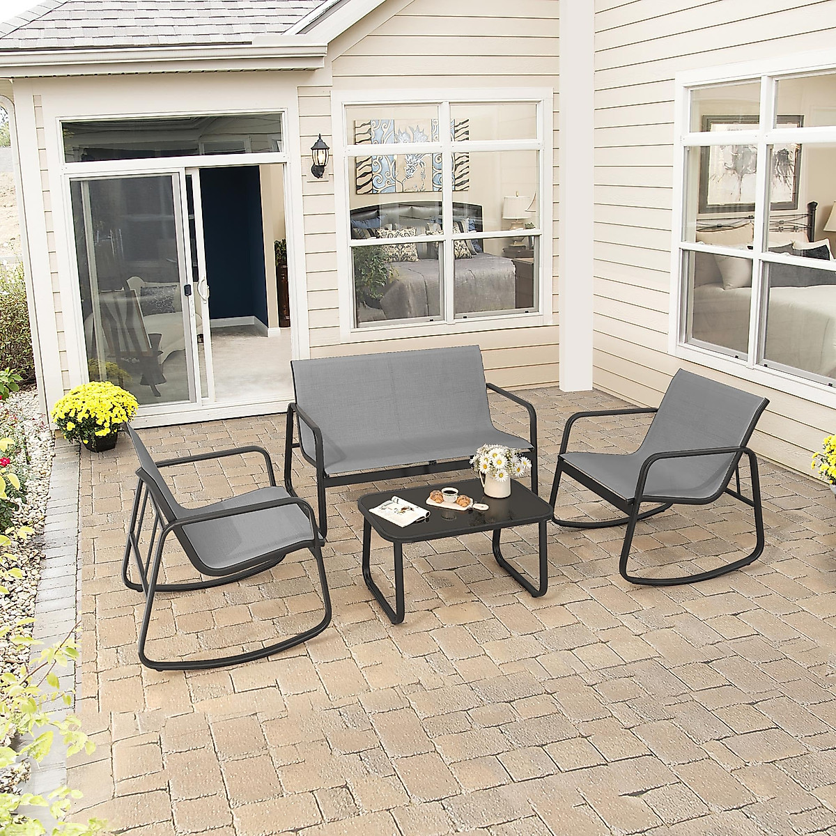 YITAHOME 4 Piece Patio Furniture Set, Small Backyard Bistro Rocking Chairs, Loveseat and Glass Table, Textilene Outdoor Conversation Set for Lawn, Garden, Balcony, Poolside (Grey)