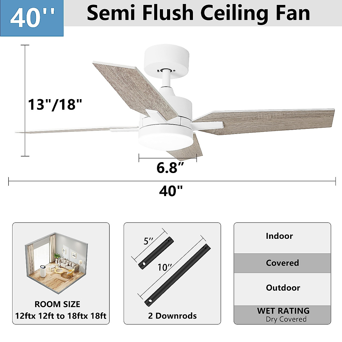 Ohniyou 40” Ceiling Fans with Lights and Remote, Small Outdoor Ceiling Fans with Light for Patio, Modern Ceiling Fan Light for Bedroom Porch(White)