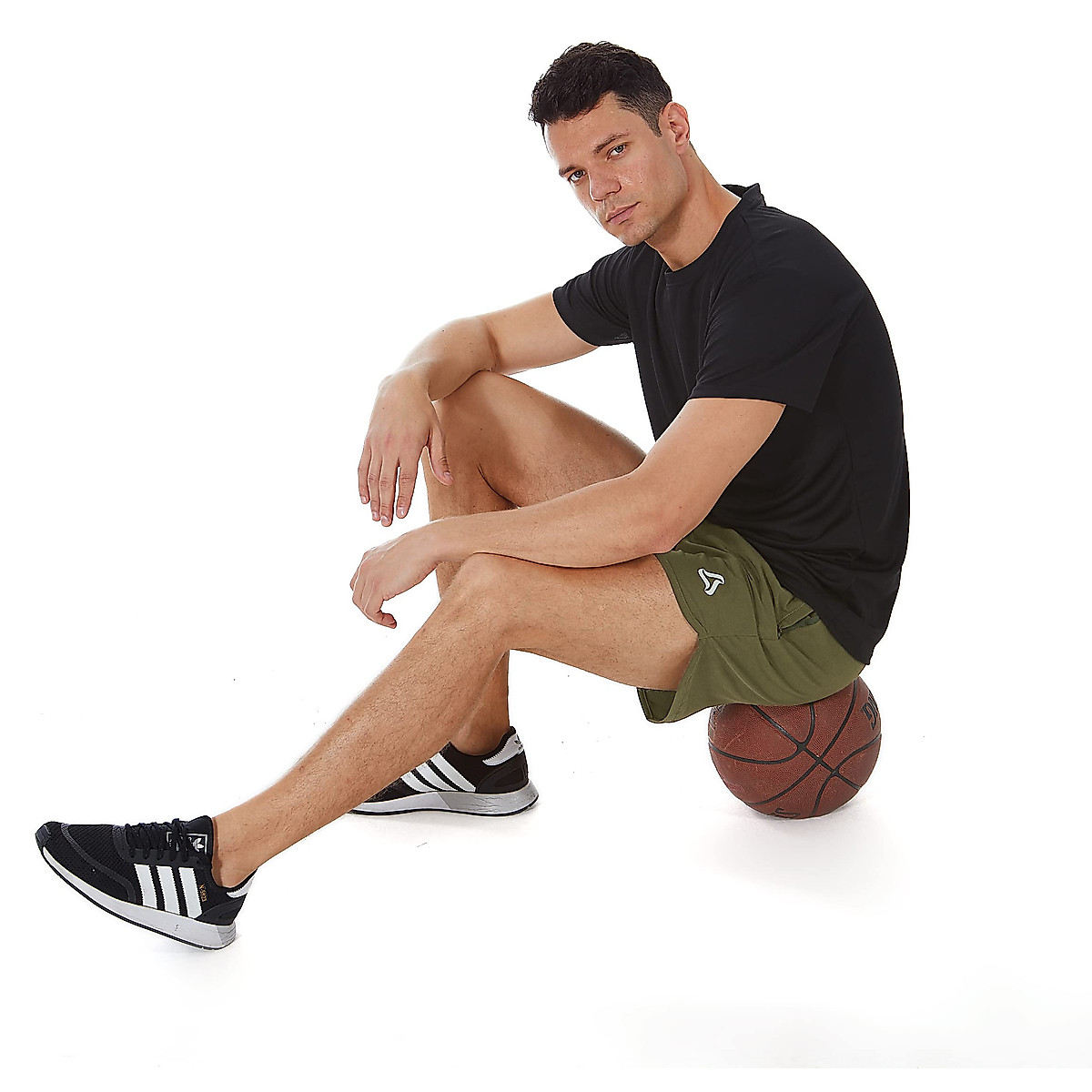 SILKWORLD Men's Running Stretch Quick Dry Shorts with Zipper Pockets(Pack of 3), Black, Army Green, Light Grey, Medium